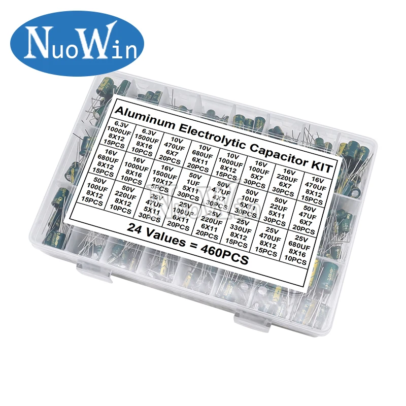 460pcs-Box-24Values-High-Frequency-Low-ESR-Aluminum-Electrolytic-Capacitor-Kit-6-3V-50V-1uF ...