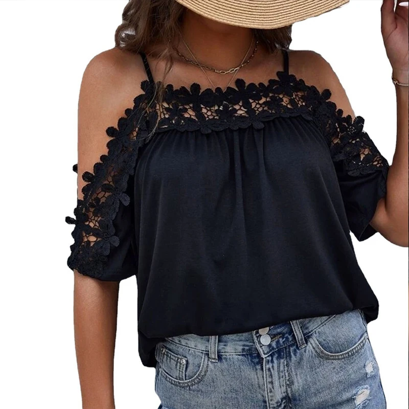 Summer-Off-Shoulder-Sexy-Cotton-Blouse-Elegant-Black-Lace-Shirt-Short ...