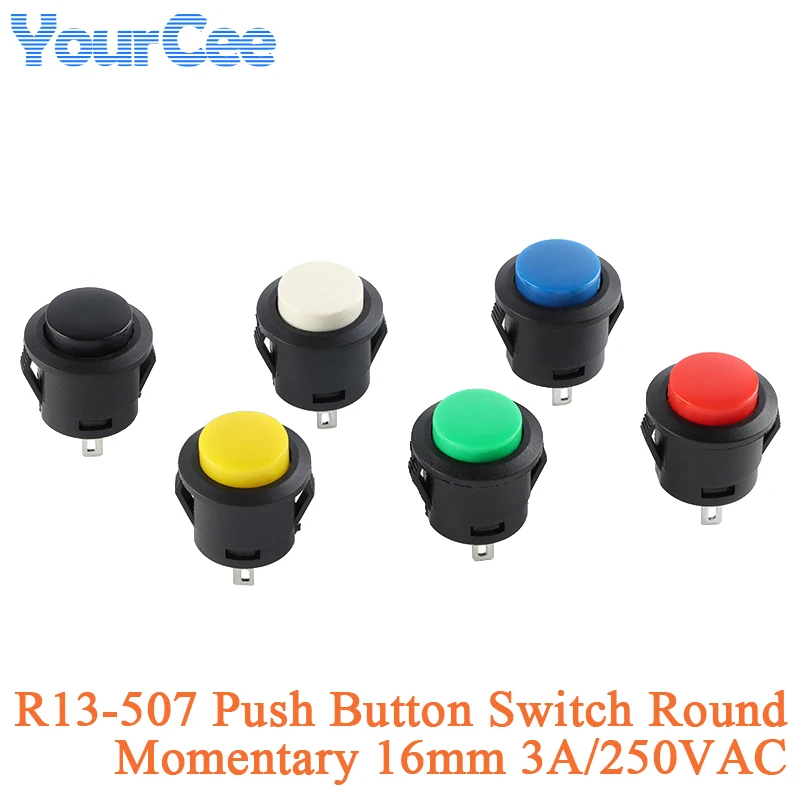6Pcs-R13-507-Push-Button-Switch-16mm-Momentary-Round-Cap-Switches-3A ...