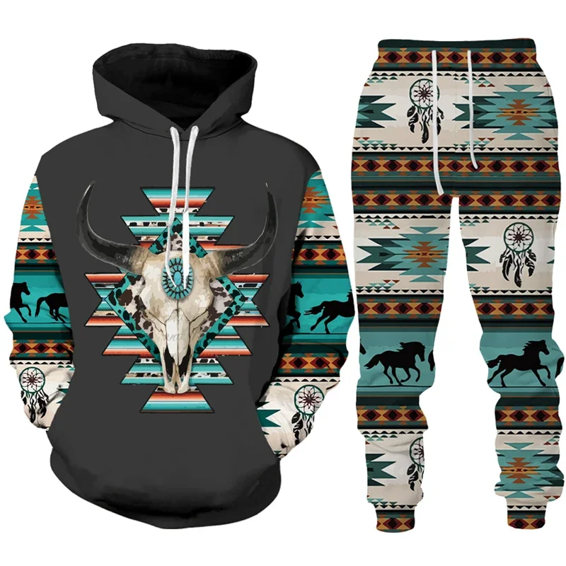 Vintage-Cow-Tribal-Print-Tracksuit-Set-Man-Woman-Hoodie-Pants-2pcs-Set ...