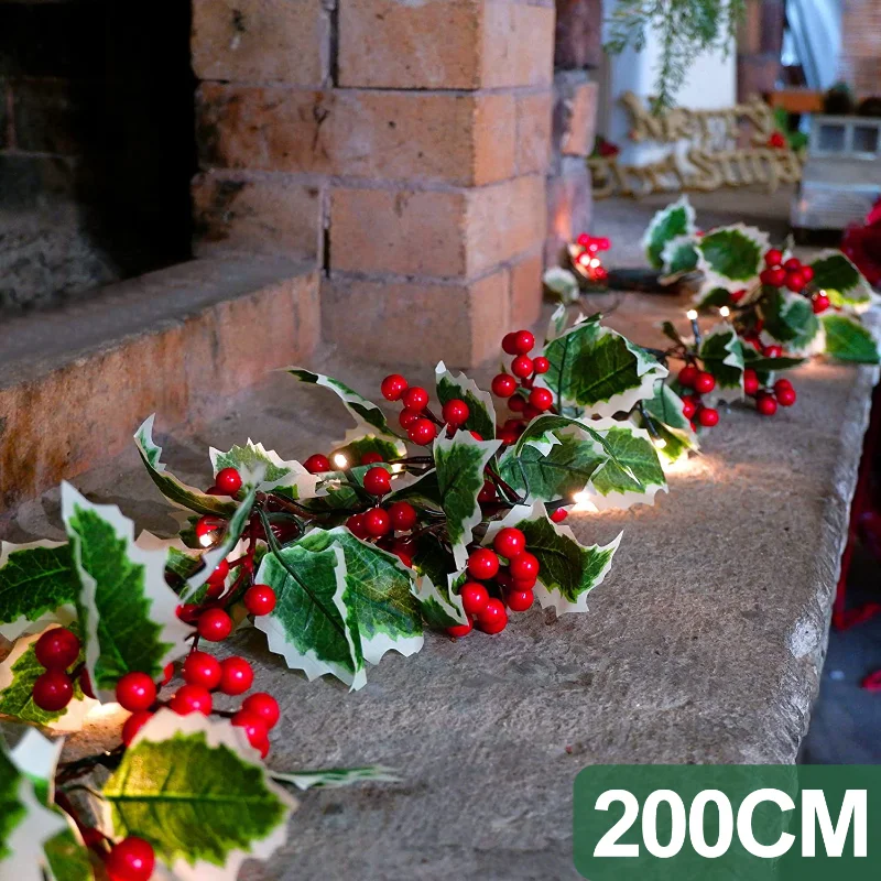2M-LED-Christmas-Garland-Lighting-Strings-Artificial-Red-Berry-Holly ...