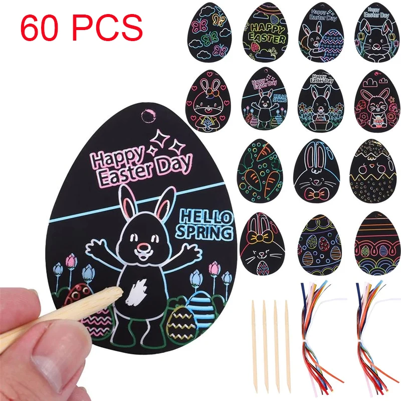 30/60pcs Easter Egg Pendant Ornaments Scratch Off Cards Easter Crafts ...