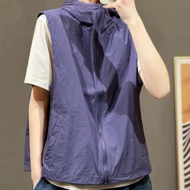 Korean Fashion Summer New Women's Hooded Solid Pockets Zipper Gauze ...
