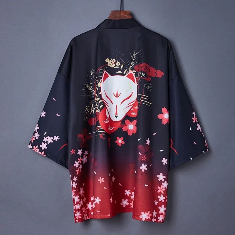 Japanese Fox Red Floral animal Asian Traditional Costume Print Kimono ...
