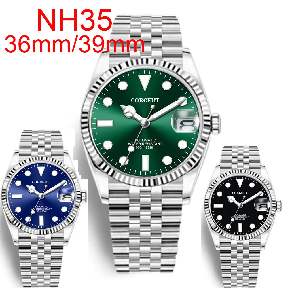36-39mm-Corgeut-Sterile-Steel-NH35A-Sunbusrt-Green-Dial-Men-Watch-Sapphire-Crystal-Fluted-Bezel ...
