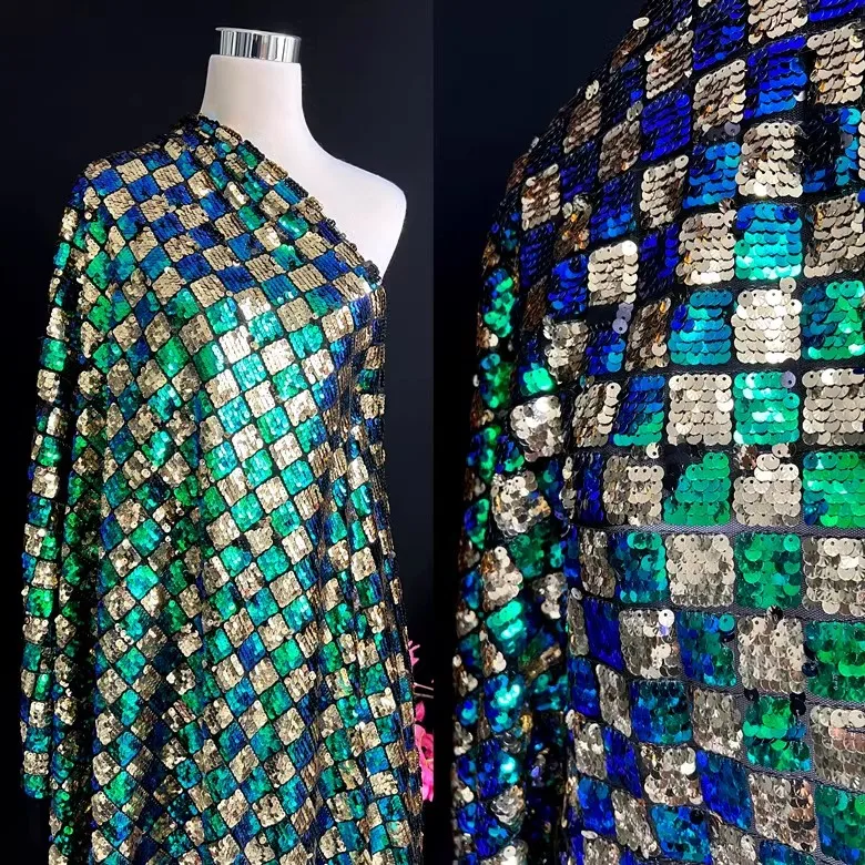 High-end-brand-shell-shape-green-gold-square-check-sequin-fabric ...