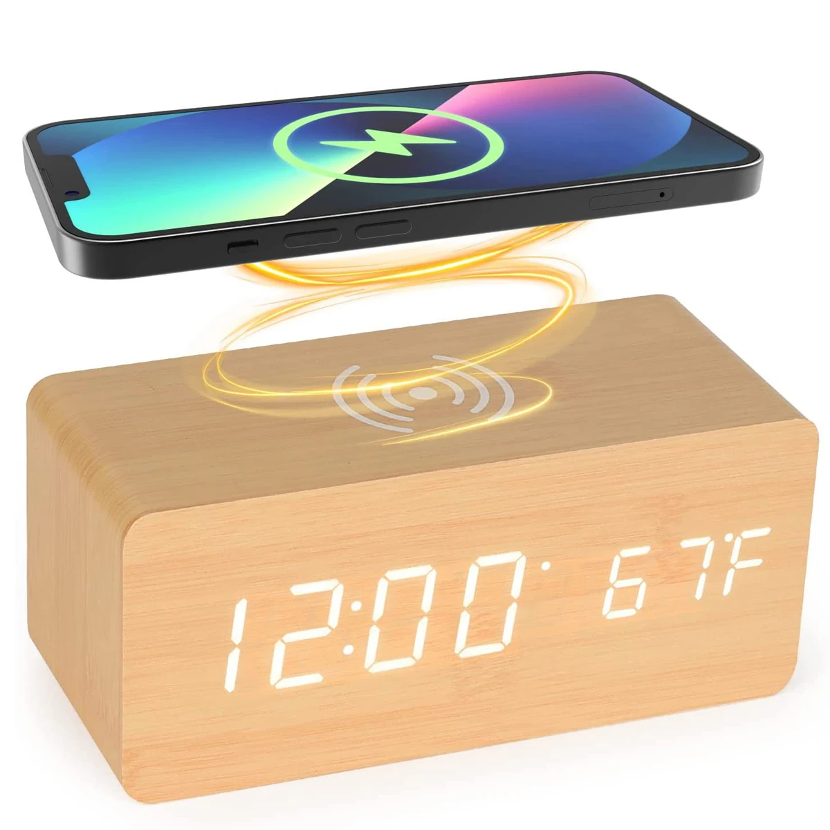 LED-Wooden-Digital-Alarm-Clock-with-Wireless-Charging-LED-Clock-with ...