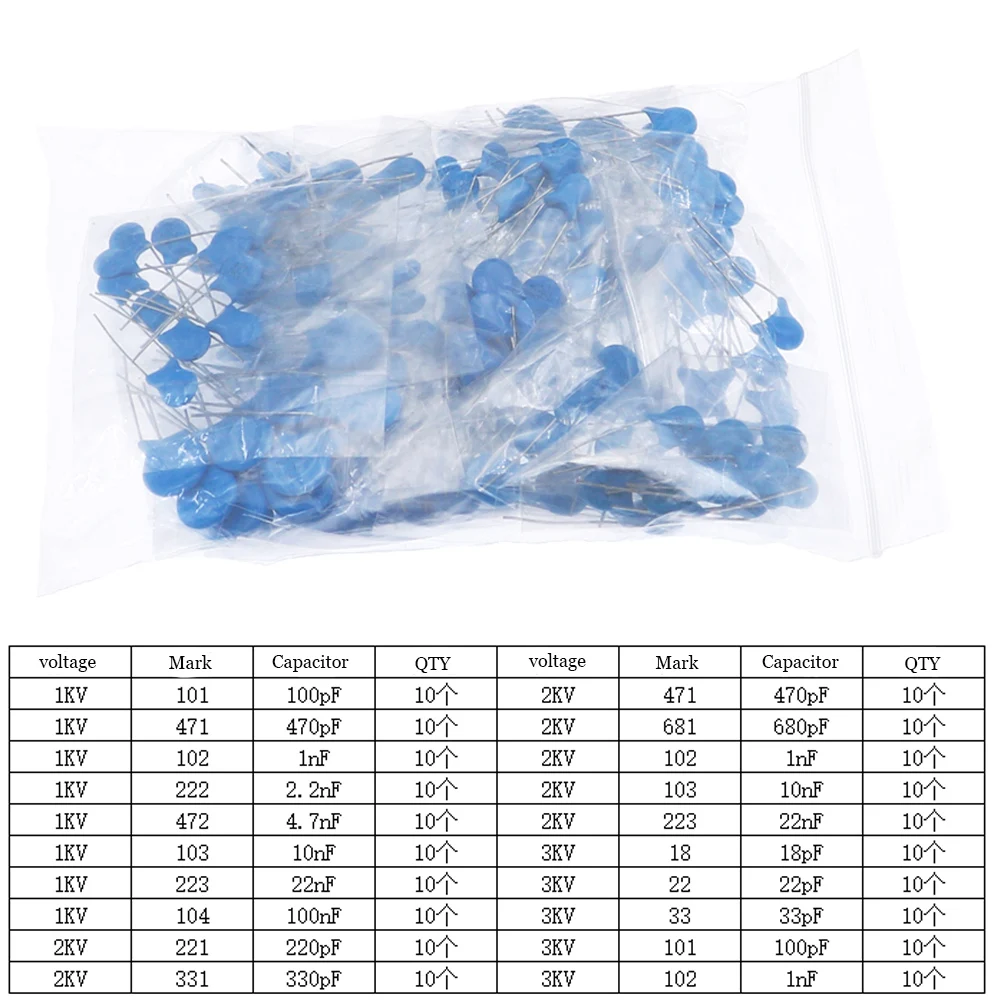 200pcs/lot 20value*10pcs 18pF-223M 1KV 2KV 3KV High Voltage Ceramic ...