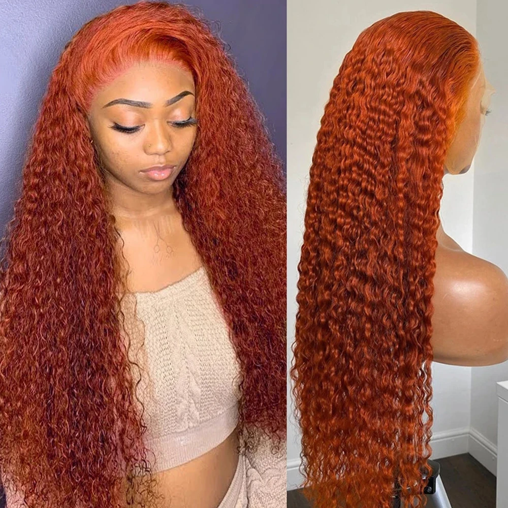13x6 Lace Front Wig Curly Ginger Orange Color Human Hair Wigs Deep Wave ...