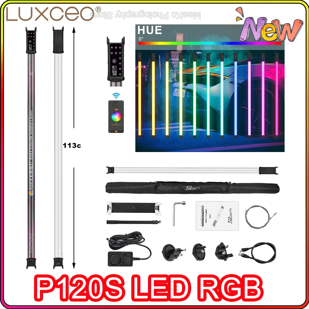 LUXCEO LED RGB 비디오 라이트 튜브 스틱, 스튜디오 라이트페인팅 필 램프, 앱 DMX 제어, P120S, 120cm, 2000 ~ 10000K, 3000LM 최대 ...