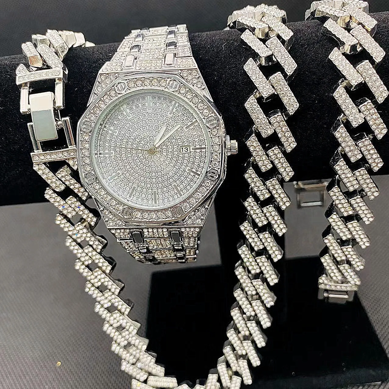 Luxury Mens Hip Hop Jewelry Iced Out Watch Necklace Bracelet Miama Cuban Chain Diamond Watch for Men Gold Watch Set dropshipping AliExpress