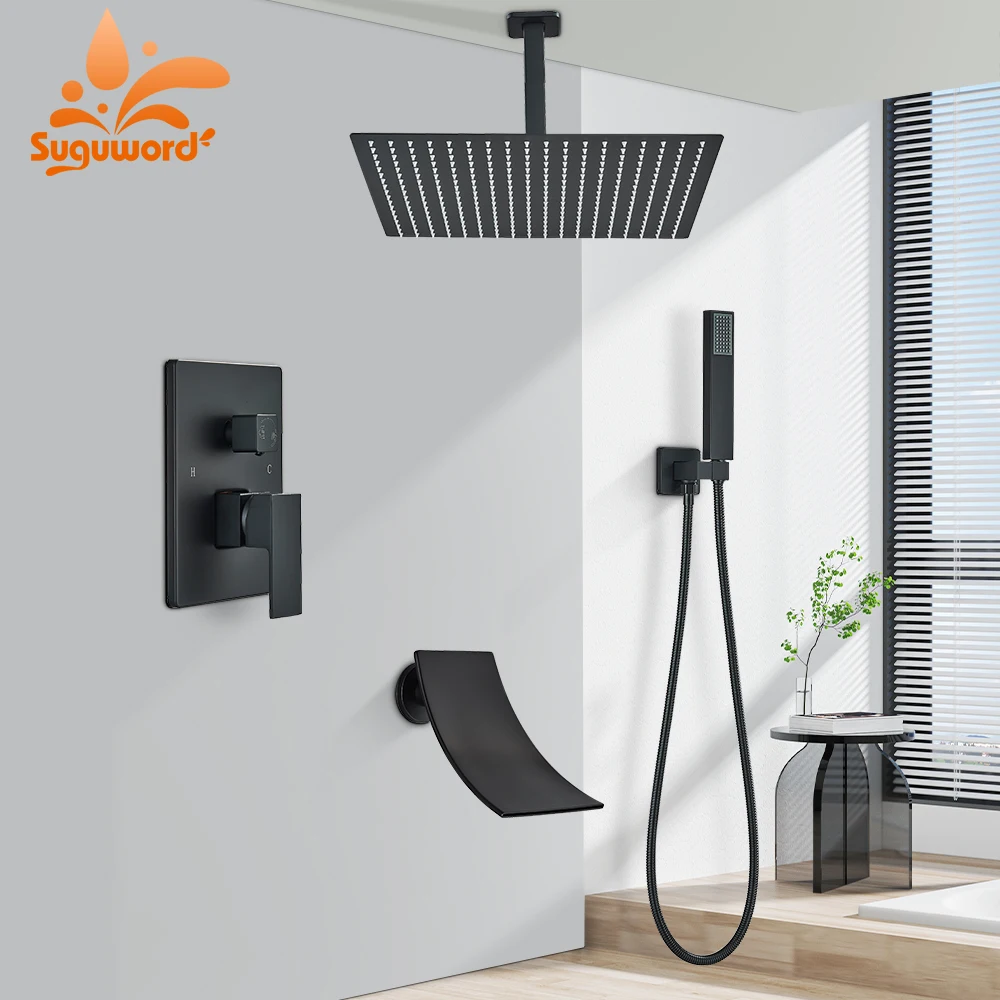 Matte-Black-Bathroom-Shower-Rainfall-Shower-Ceiling-Concealed-Mixed-Hot ...