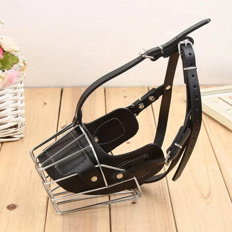 Pet-Dog-Adjustable-Anti-Bite-Metal-Muzzle-Breathable-Leather-Metal ...