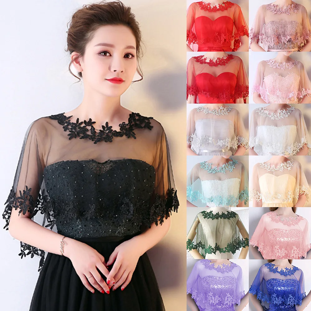 Women-Black-Applique-Tulle-Evening-Prom-Cape-O-Neck-Solid-Soft-Elegant ...