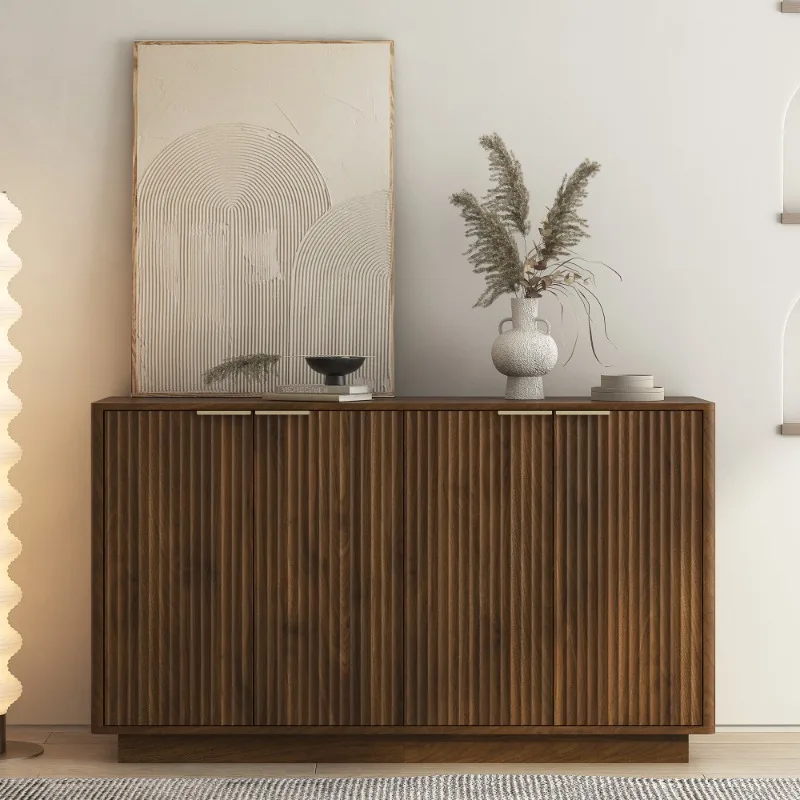 Walnut Wood Ribbed Sideboard Cabinet with Doors Modern Storage Buffet ...