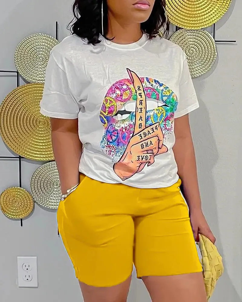 T Shirt T-shirt Tee Top & High waist Elastic Shorts Women 2pcs Clothes ...