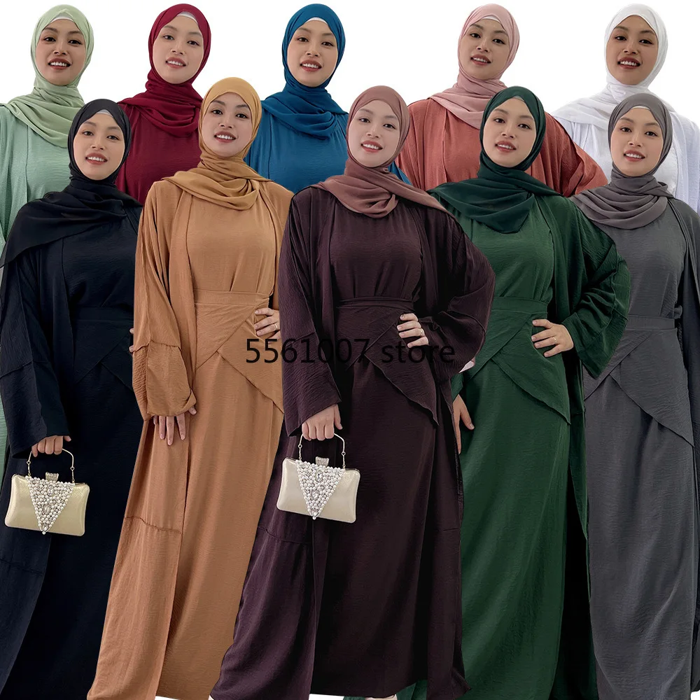 Eid 3 Piece Abaya Set Hijab Dress Wrap Skirt Muslim Sets Ice Silk ...