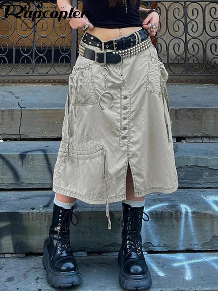 Rapcopter-Y2K-Pockets-Drawstring-Cargo-Midi-Skirts-Button-Bandgae-Retro ...