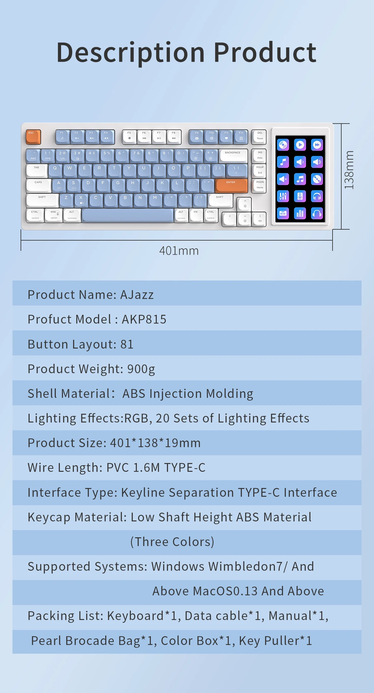 Ajazz AKP815 81 Keys Wired Mechanical Keyboard RGB Backlit Gaming Keyboard LCD Color Screen ...