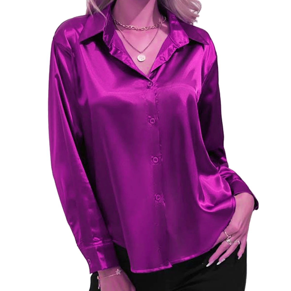 Oversize-Women-Shirts-Silk-Solid-Plain-Purple-Green-White-Black-Red ...