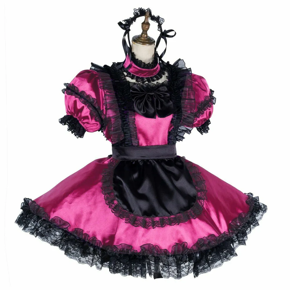 Sissy Black Lace Lockable Maid Dress Uniform Short Puff Sleeve Satin ...