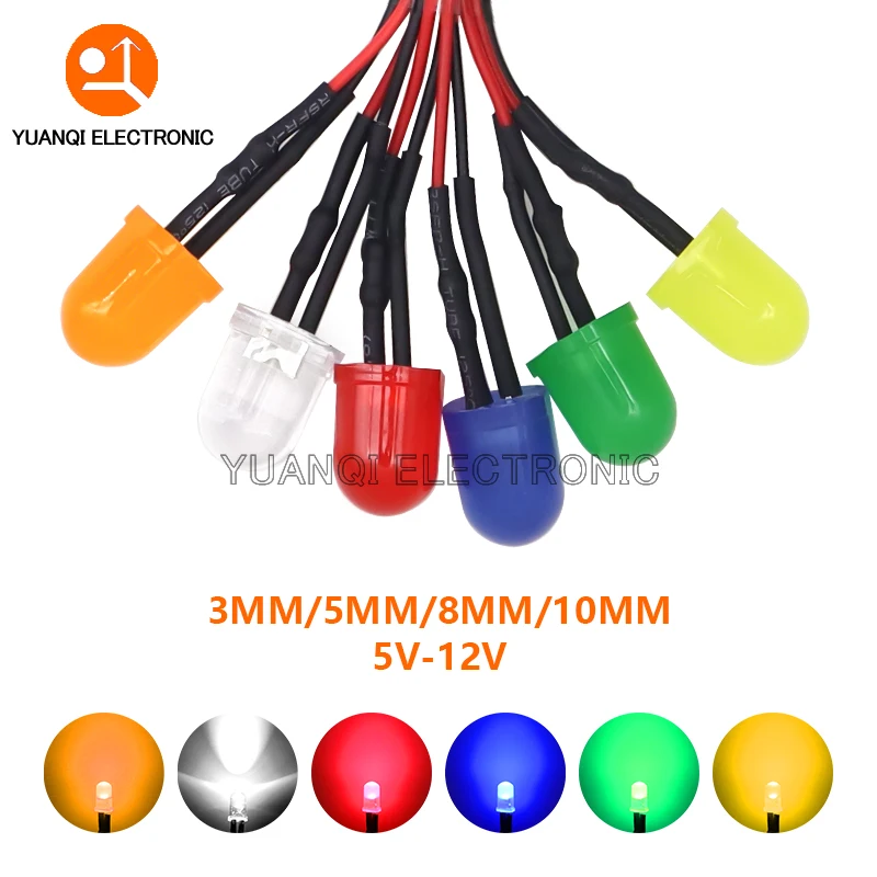 3mm-5mm-8mm-10mm-LED-12V-20cm-Pre-wired-White-Red-Green-Blue-Yellow ...