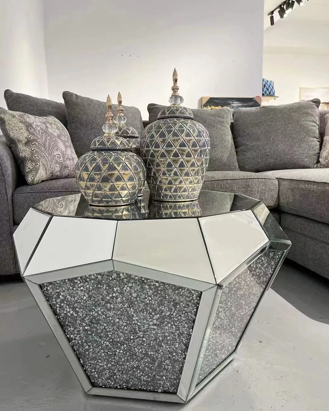 silver glass mirror rhinestone three-dimensional polygon coffee table ...