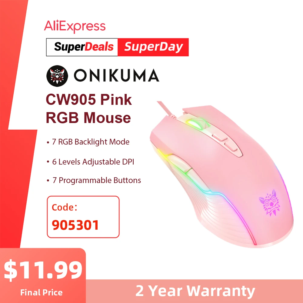 ONIKUMA CW905 Pink Wired Gaming Mouse 7 Programmable Buttons 6 Levels ...