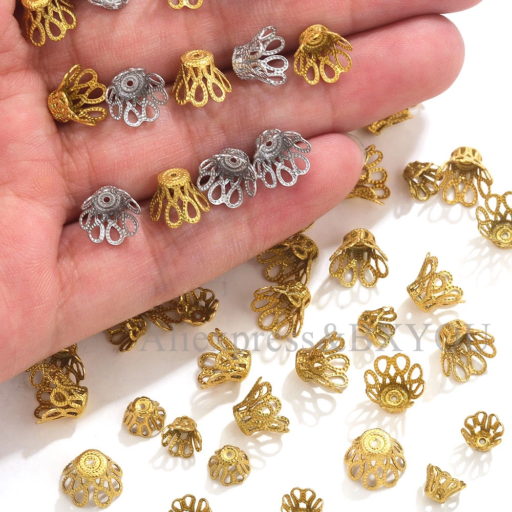 50pcs-Stainless-Steel-Wine-Cup-Hollow-Flower-Trumpet-Bead-End-Caps-For ...