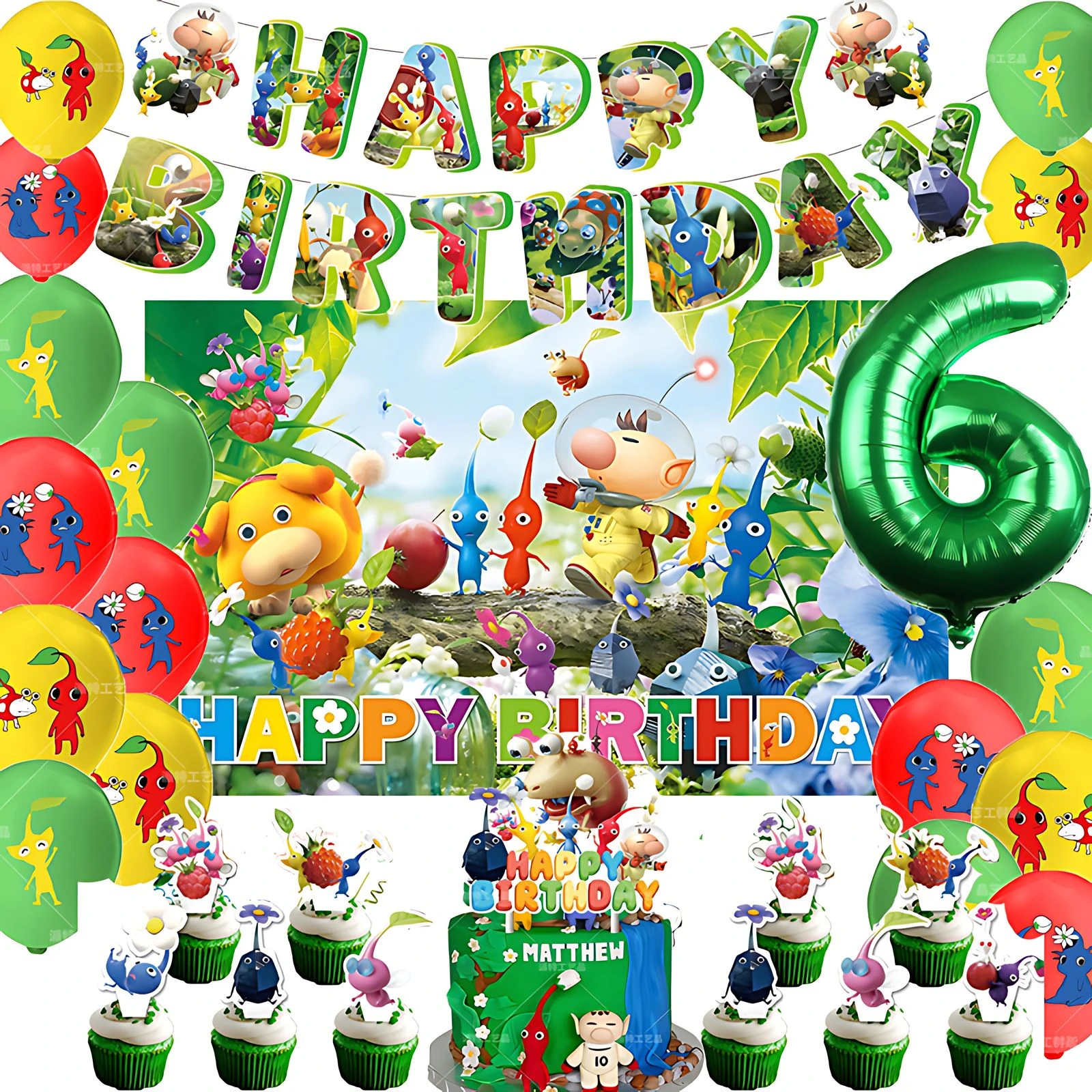 The-game-Pikmin-Theme-Birthday-Party-Balloon-Banner-Background-Cake ...