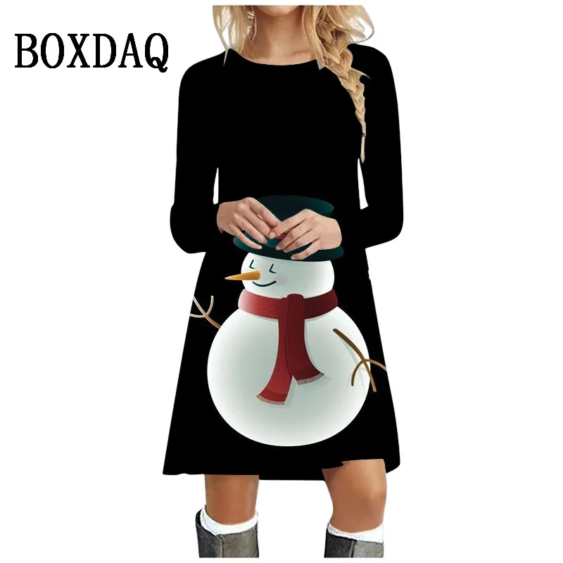 White-Snowman-Christmas-Party-Black-Women-Dress-Autumn-Clothing-Winter ...