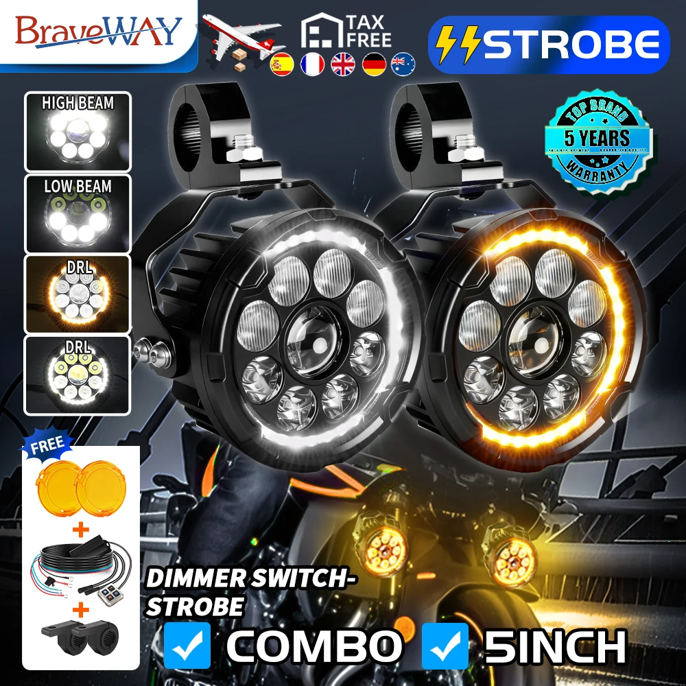 Braveway 5 inch Motorcycle Spotlights Auxiliary Modification White ...