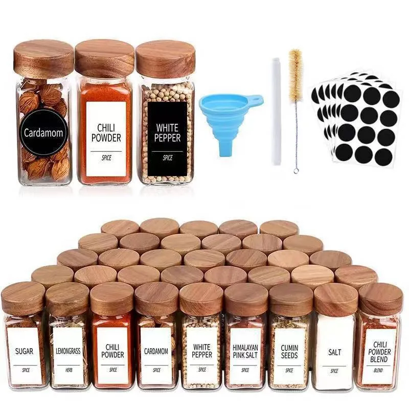 120ml, Wooden Glass Spice Jar, Square Pepper Spice Jar, Suitable For ...