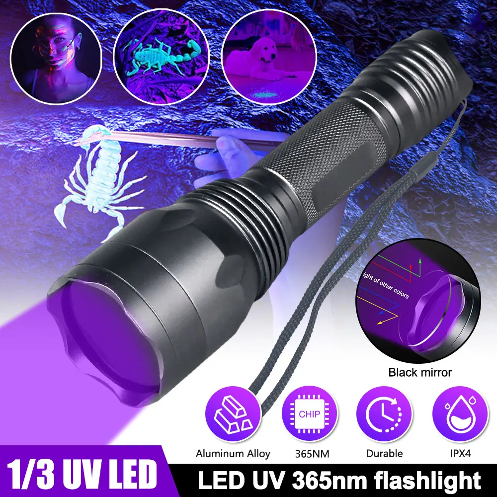 15W-3-LEDs-365nm-UV-Flashlight-Ultraviolet-Blacklight-USB-Rechargeable-Purple-Linternas-Carpet ...