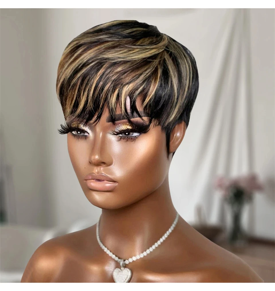 Highlight Wig Human Hair P1b/30# Color Short Pixie Cut Wigs with Bangs ...