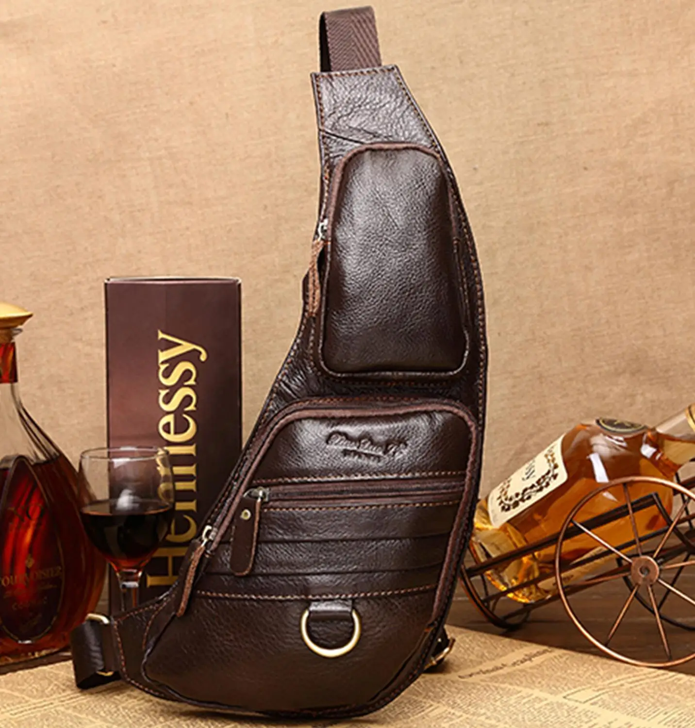 남성용 진짜 소가죽 숄더 체스트 백 레트로 브랜드 유명 여행 슬링백 배낭 정품 가죽 싱글 백팩 고품질백팩