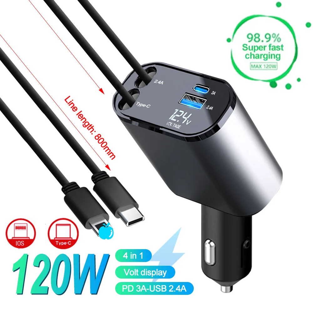 Carregador-de-Carro-Retr-til-Cabo-USB-C-Adaptador-de-Isqueiro-Cabo-de ...