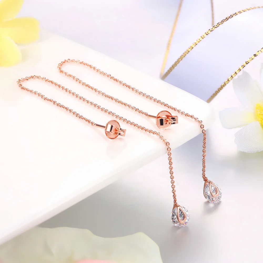 Long-Hanging-Drop-Line-Earrings-For-Women-Rose-Gold-Color-Zircon ...