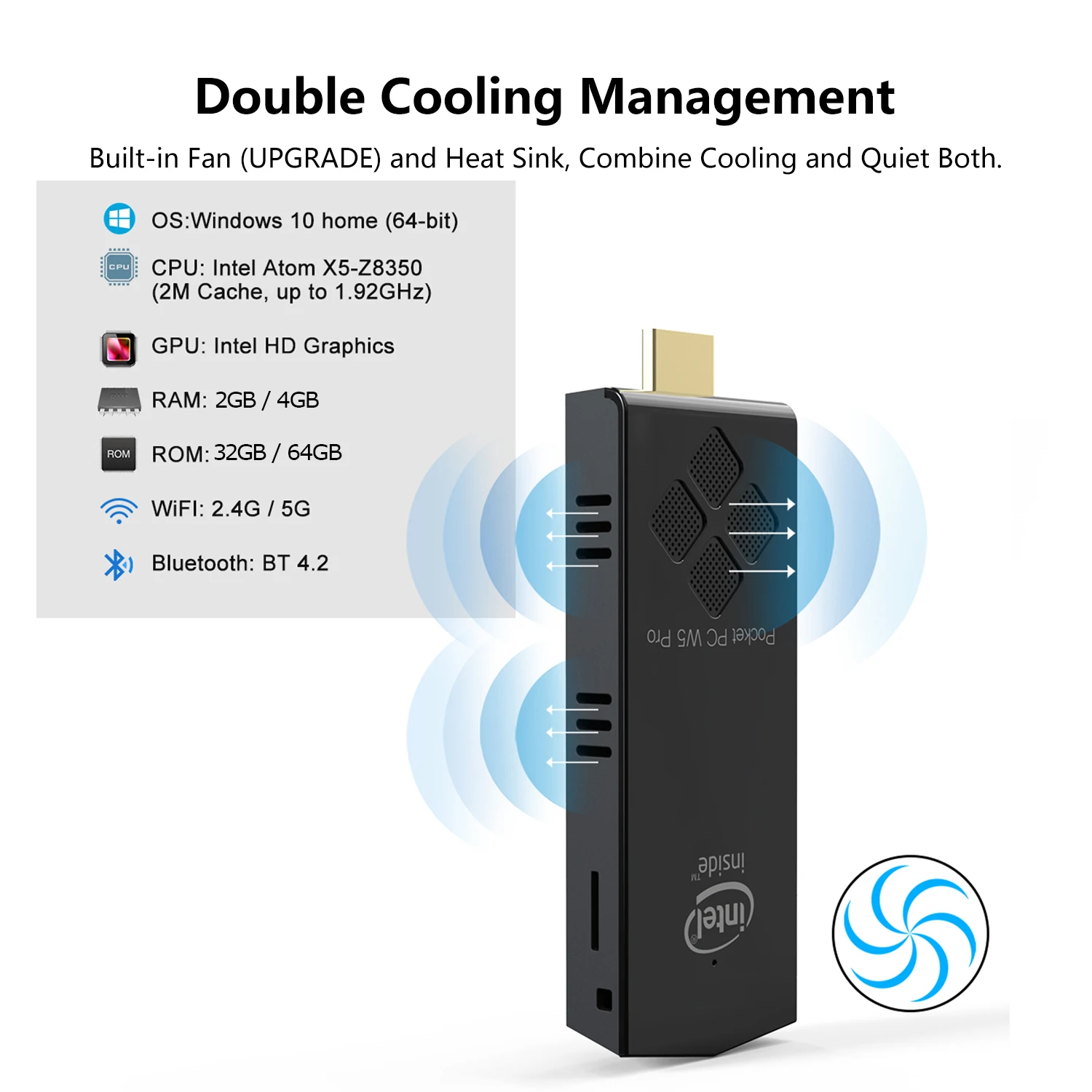 Mini PC Quad Core, T5B, 4GB RAM, 64GB eMMC, Windows 10, Dual Band WIFI ...