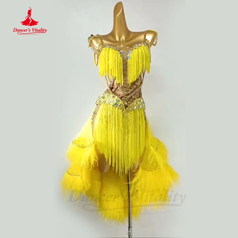 Vestido-de-competici-n-de-baile-latino-ropa-de-rendimiento-de-pluma-de ...