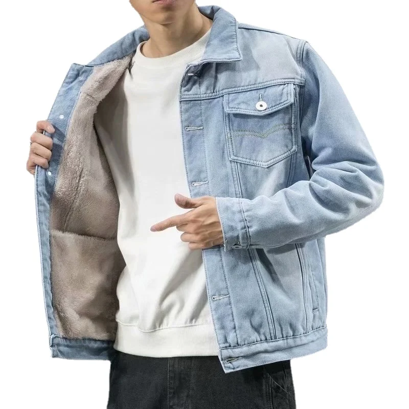 Men Light Blue Winter Jean Jackets Outerwear Warm Denim Coats New Men ...