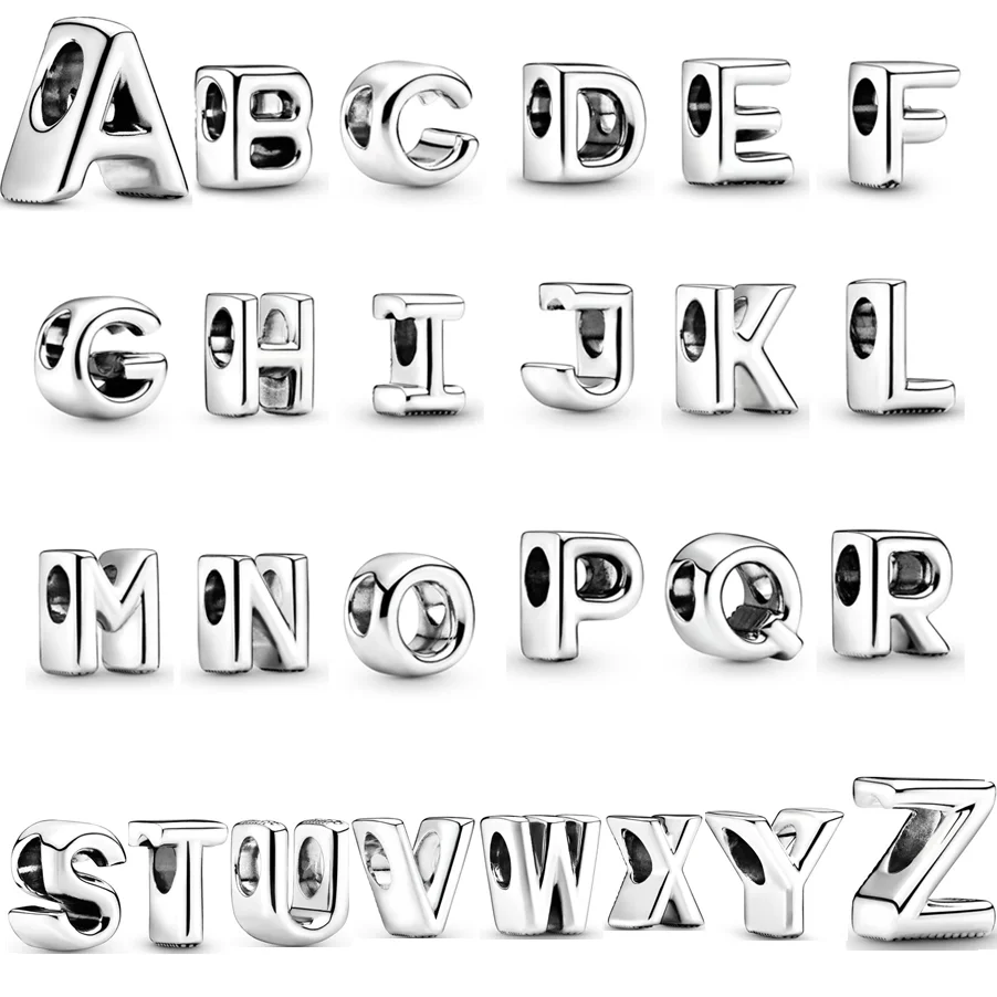 Classic-925-Sterling-Silver-26-Letters-A-Z-Alphabet-Charm-Beads-Fit ...