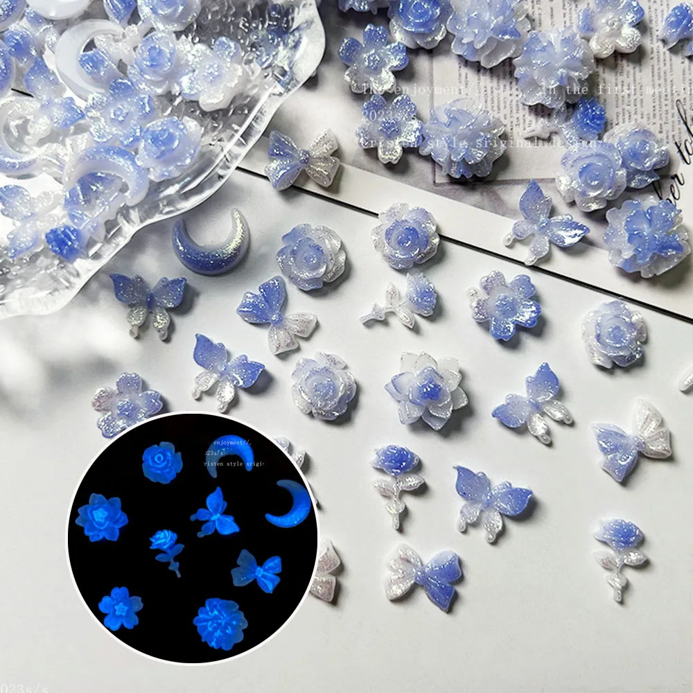 50pcs Luminous Gradient Nail Charms Blue Color Rose Flower Butterfly ...