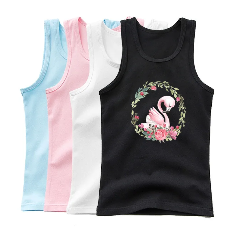 3-14years-Girls-Flamingo-Sleeveless-T-shirt-Kids-Cartoon-Flower-Swan ...