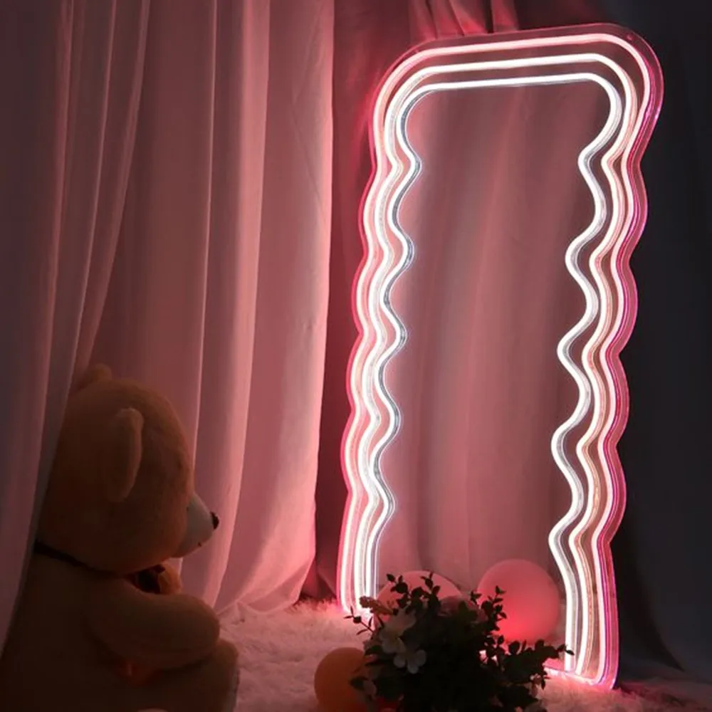 Wavy-Pink-Neon-Mirror-Sign-Custom-Glowing-Mirror-Led-Neon-Signage-Wall ...