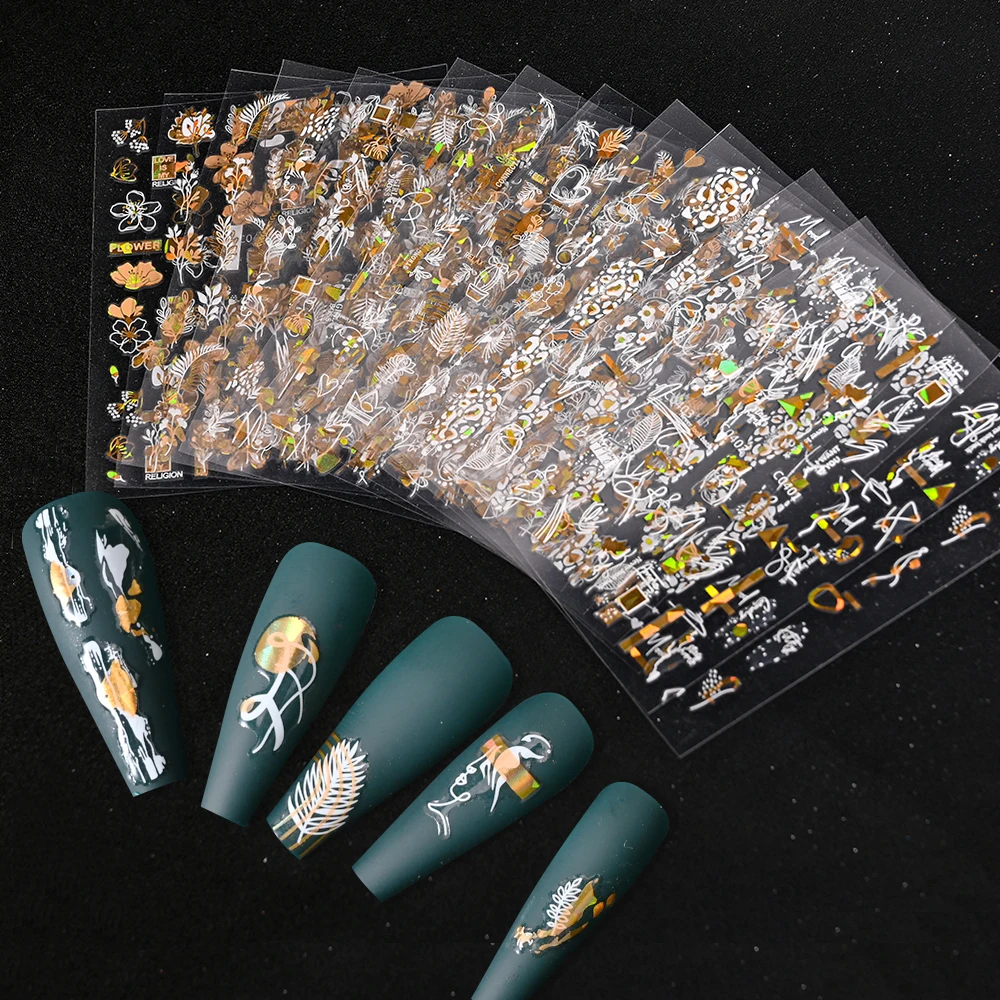 12pcs-Laser-Gold-Silver-Fall-Line-Nail-Sticker-Woman-Face-Leaves ...