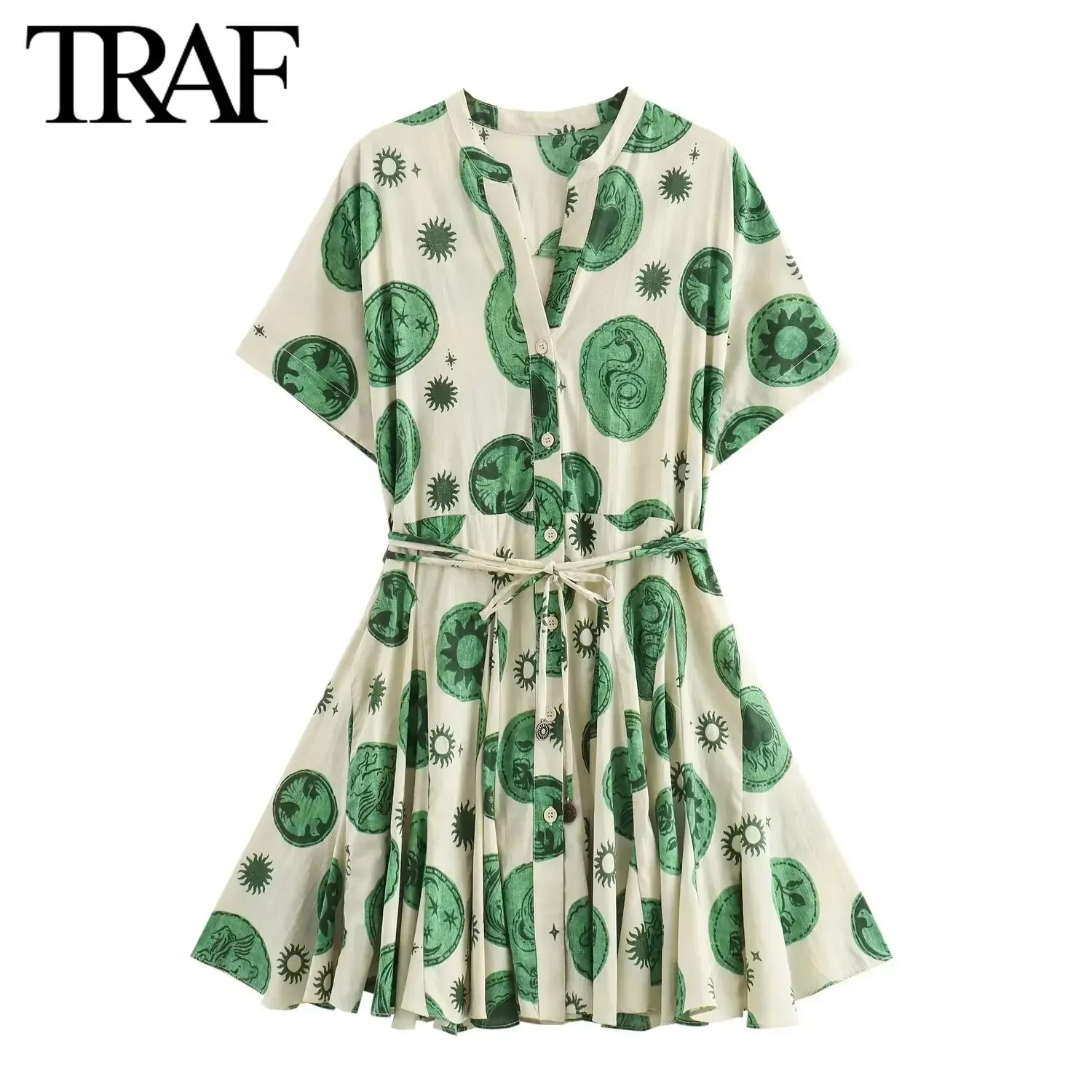 TRAF-Women-Fashion-Summer-New-Short-Sleeved-V-neck-Single-Breasted-Prin ...