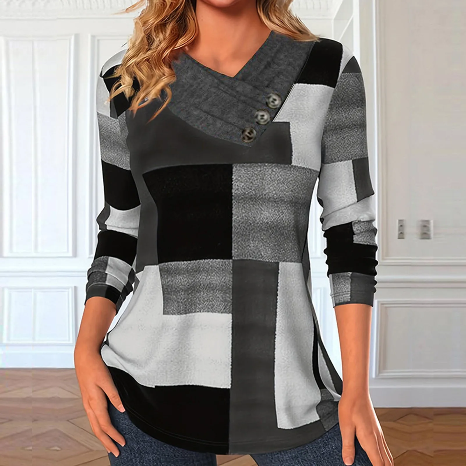 Blouses-For-Women-Long-Sleeve-Graphic-Tees-V-Neck-Top-Fall-Color-Block ...