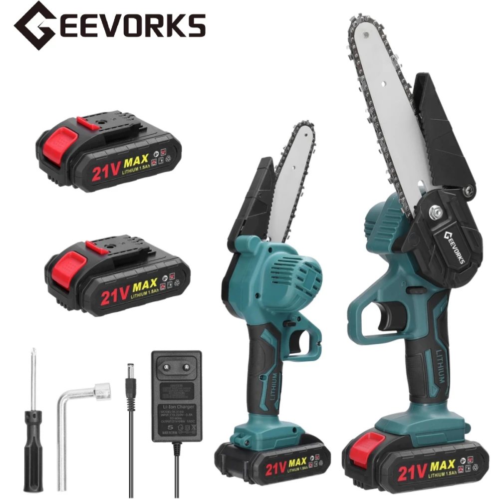 Geevorks 충전식 미니 전기 체인톱, 목공 가지 치기 원핸드 톱, 정원 도구, 1500mAh 업그레이드 배터리, 6 인치