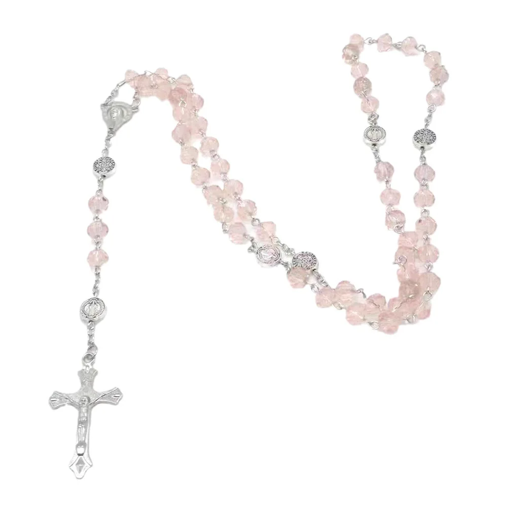 Hot-selling-pink-crystal-cross-prayer-bead-pendant-necklace-transparent ...